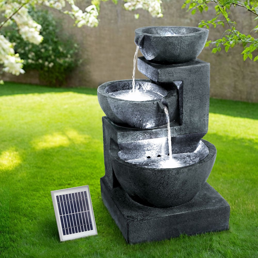Gardeon Solar Water Feature Cascading Fountain 3-Tier Bowl LED Lights ...