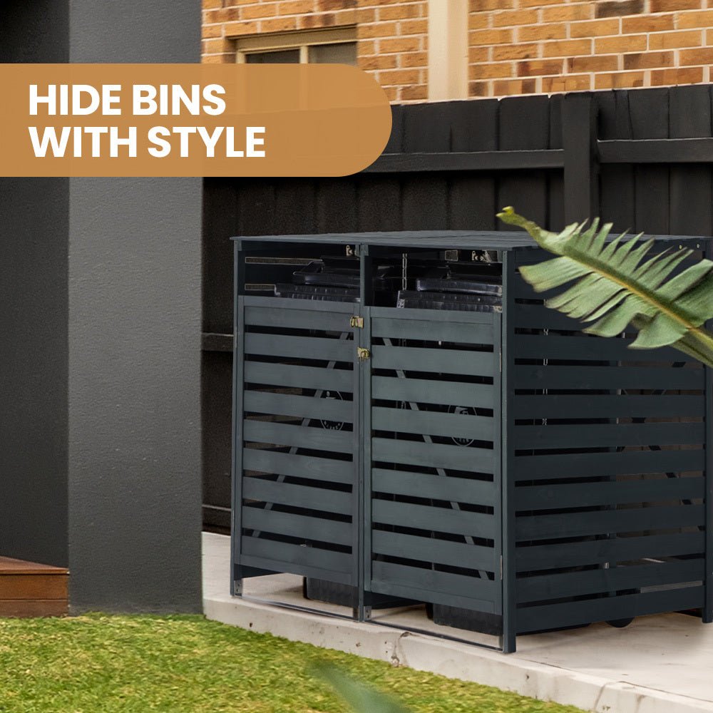 PlantCraft Double Wood Wheelie Bins Storage Shed, 2 Door Garbage Rubbi ...